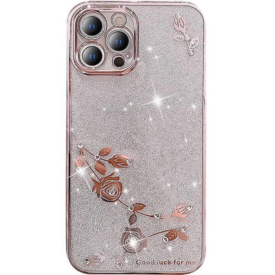 Husă pentru iPhone 12 Pro, Glitter Flower, roz rose gold - magazin all4mobi.ro